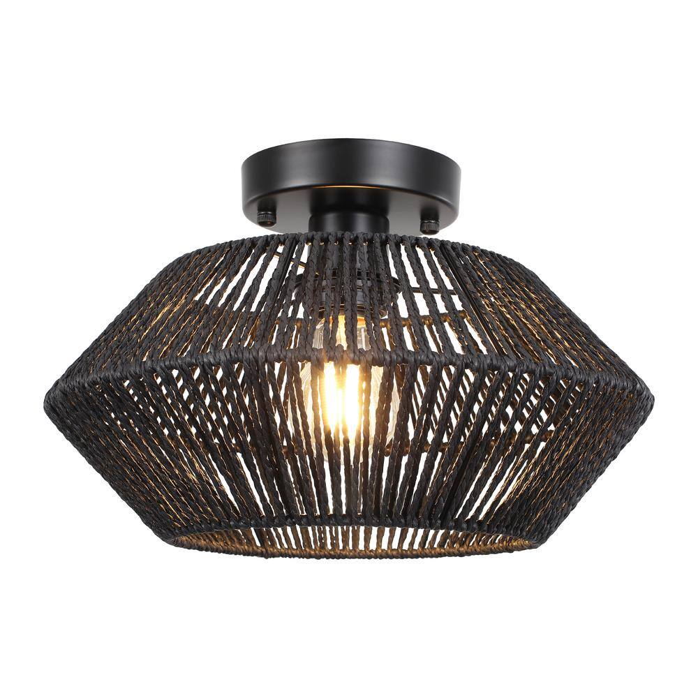 ADSENSTY 12.6 in. 1-Light Black Bohemian Rattan Semi Flush Mount ...