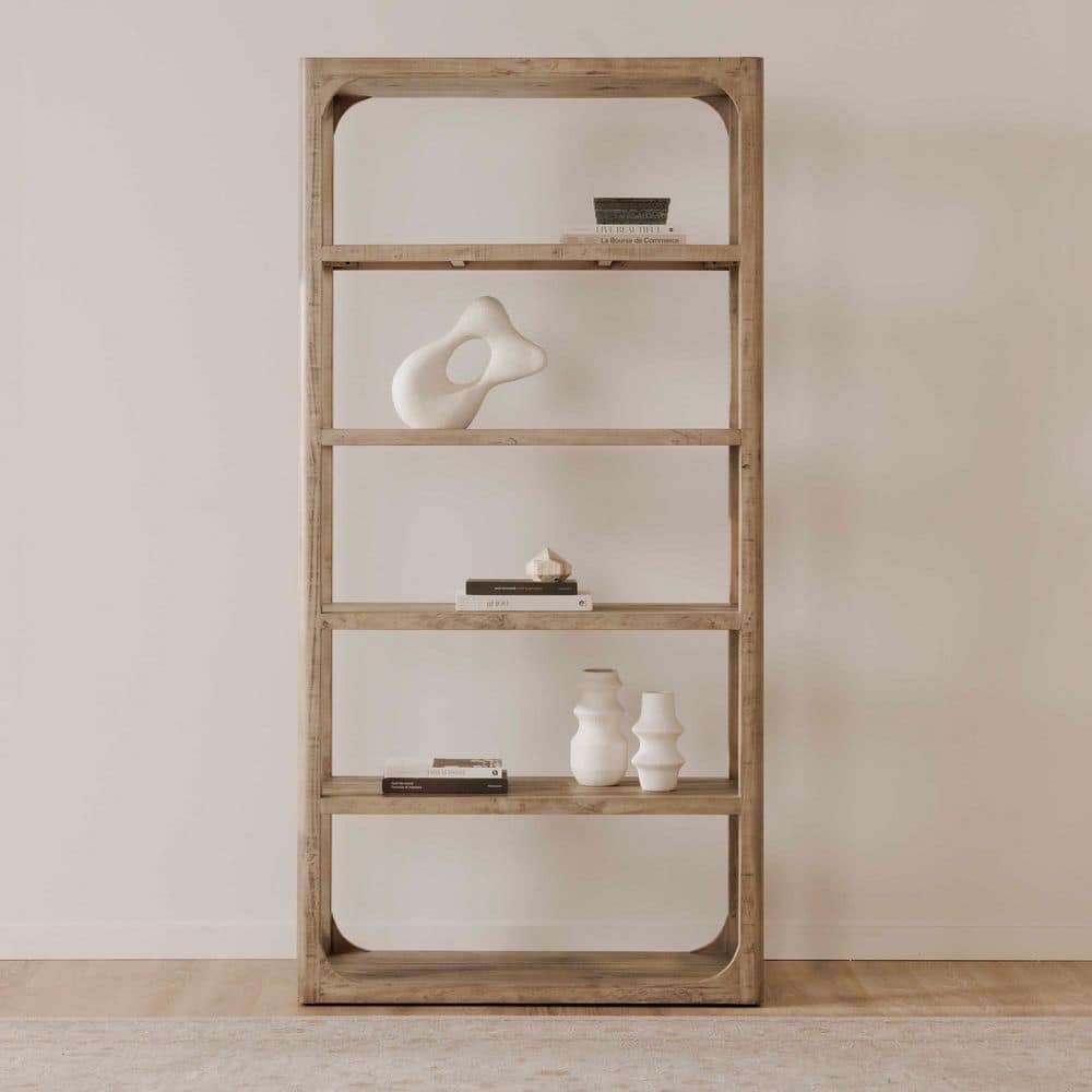 NADAAL STUDIOS Saxon 91.25 in. Tall Brown Solid Pine Wood 5-Shelf Rustic Vertical Bookcase with ...