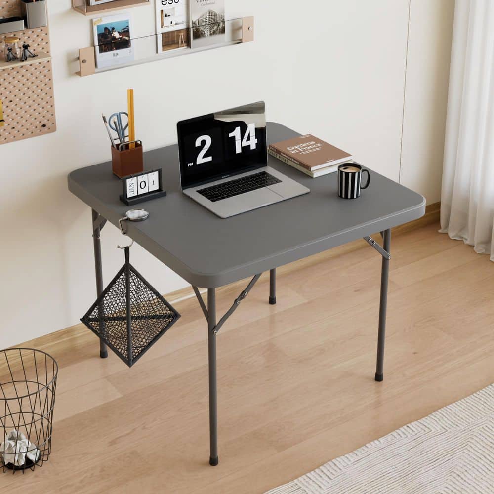 VECELO Folding Card Table Square with Mesh Bag, 34.25 in. Gray Plastic ...