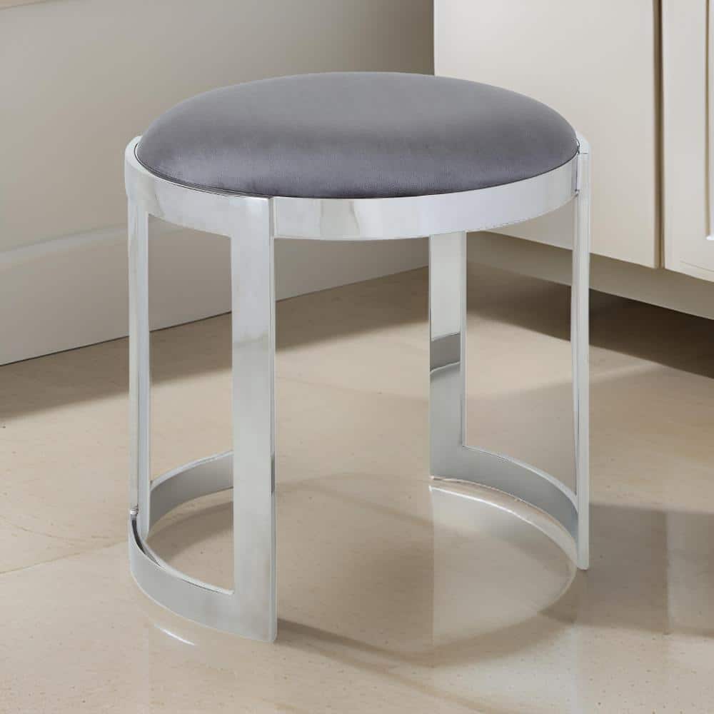 Benjara 19 in. Gray and Silver Low Back Metal Accent Stool with Velvet ...