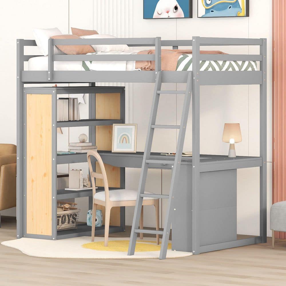 Polibi Gray Twin Size Wood Loft Bed with Ladder, Shelves, and Desk RD14-19323AAE - The Home Depot