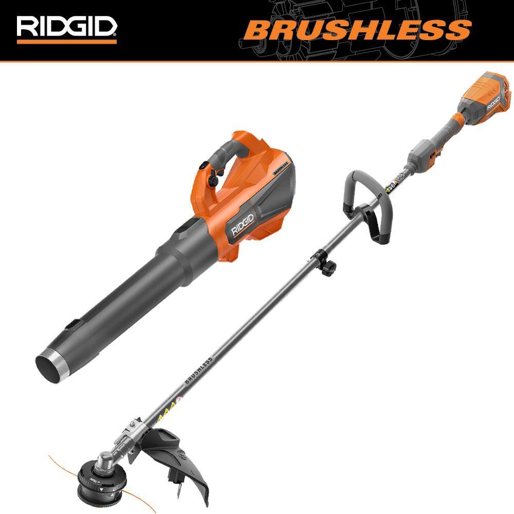 RIDGID 18V Brushless 14 in. Cordless String Trimmer and 130 MPH 510 CFM ...
