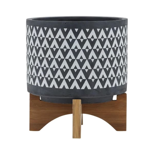 Cubilan 8 in. Ceramic Aztec Planter with Wooden Stand Height 6 in. Gray ...