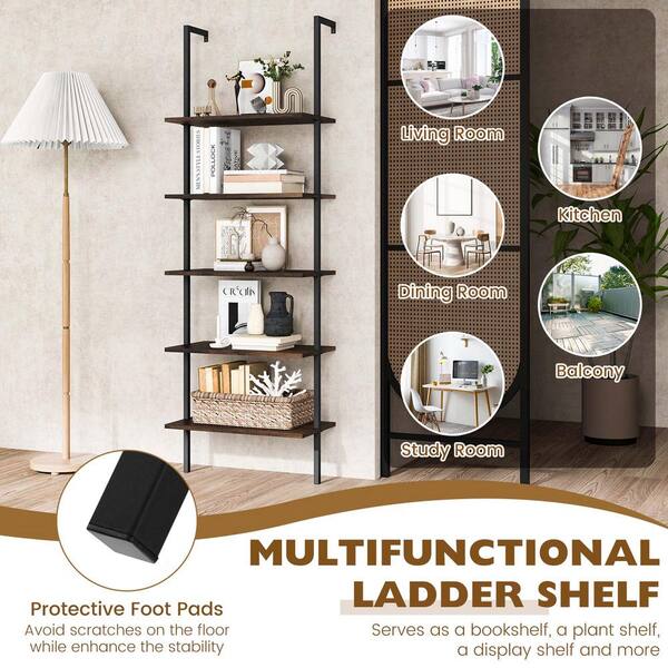 Costway 24 in. W x 12 in. D Brown 5 Tier Ladder Shelf Wall Mounted Bookshelf Display Storage Organizer Decorative Wall Shelf JV10453CF