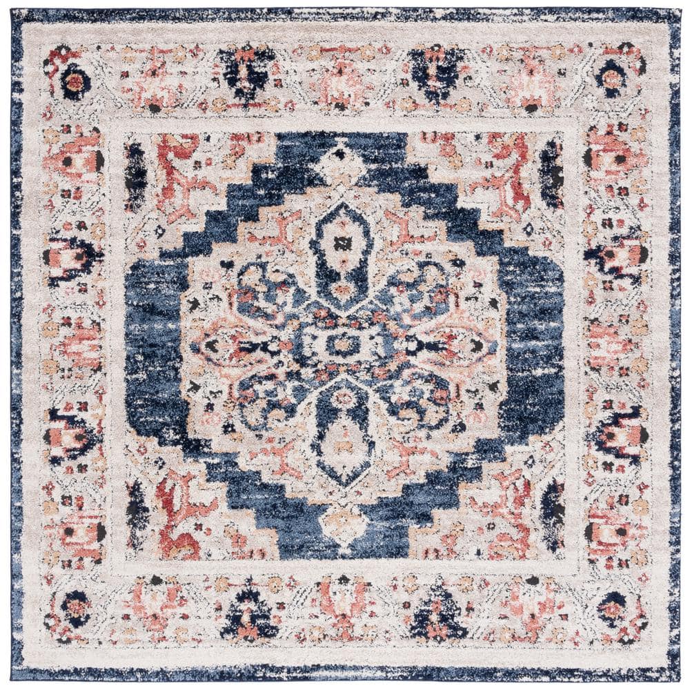 SAFAVIEH Luna Blue 7 ft. x 7 ft. Distressed Ornate Square Area Rug ...