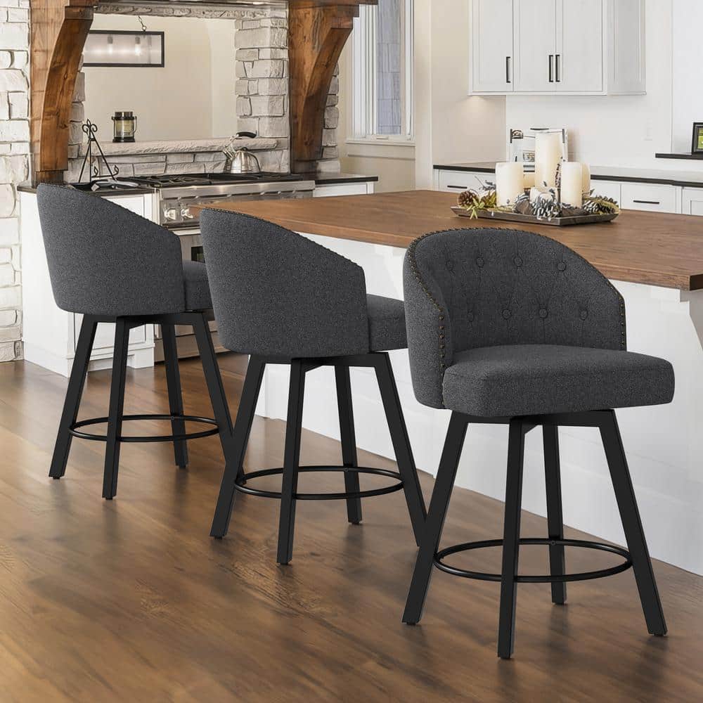 LUE BONA Arturo 26 in.Dark Gray Linen Fabric Upholstered Swivel Bar ...