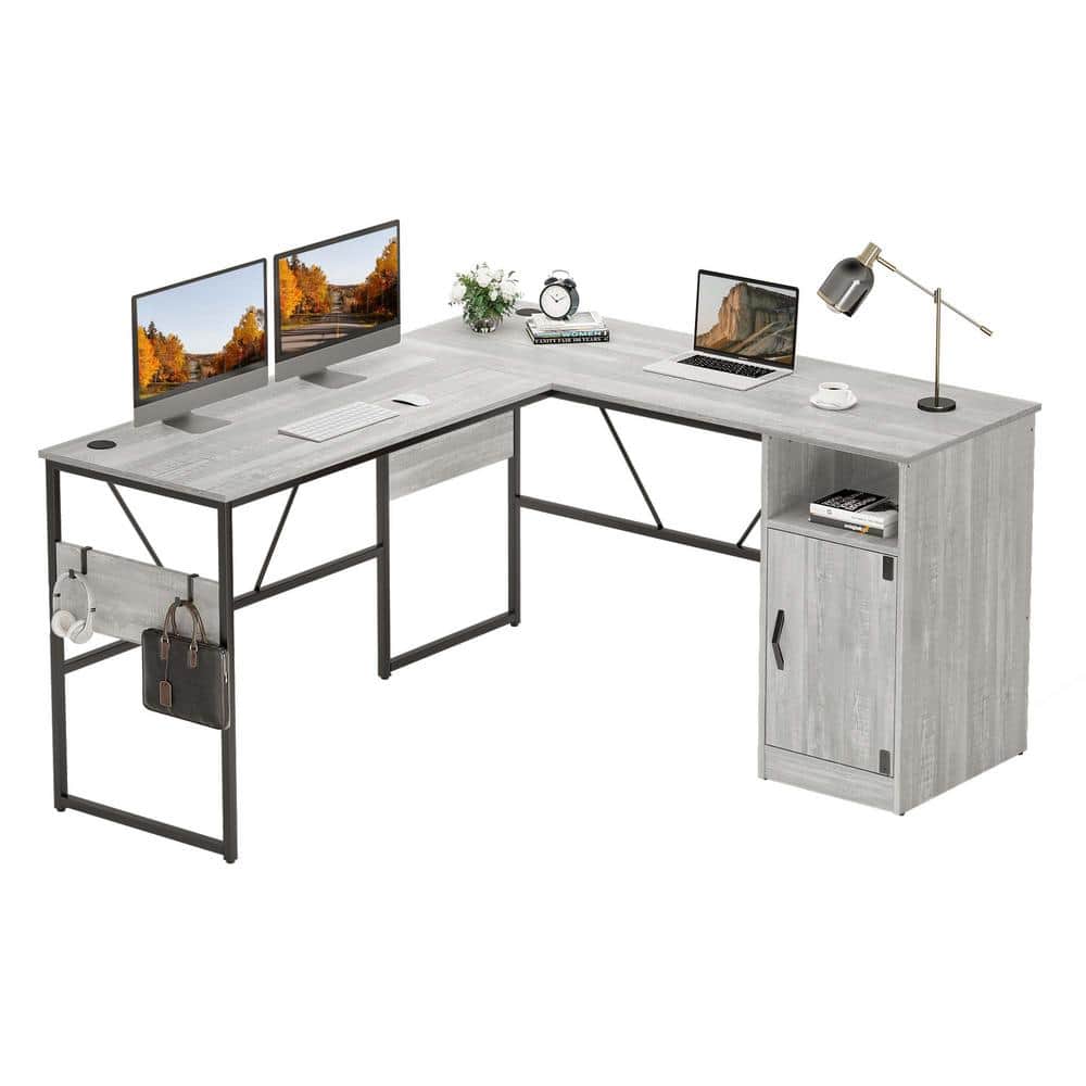 Bestier 60 in. L shaped Wash White Wood Desk with Cabinet and Hooks ...