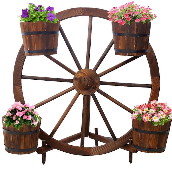 Rustic Brown Patio Wood Wagon Barrel Wheel Planter Flower Pots with ...