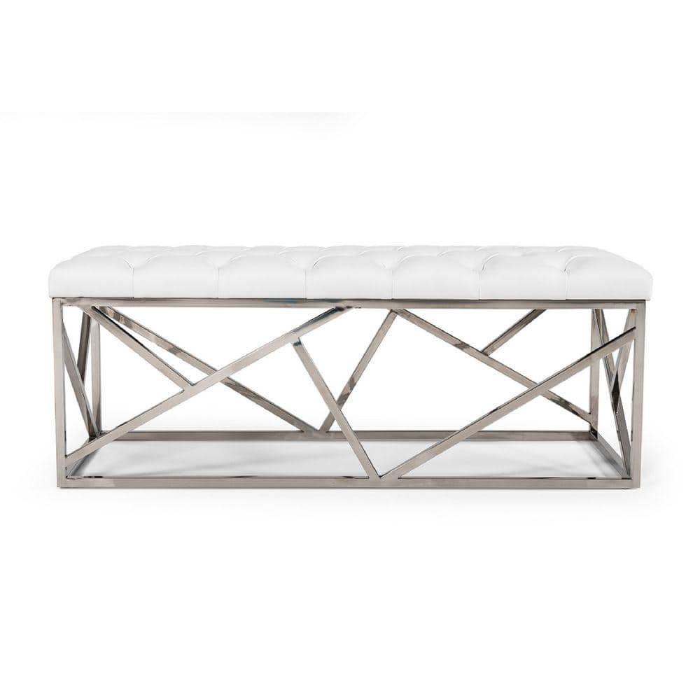 Benjara 20 in. White and Silver Backless Bedroom Bench with Upholstered ...