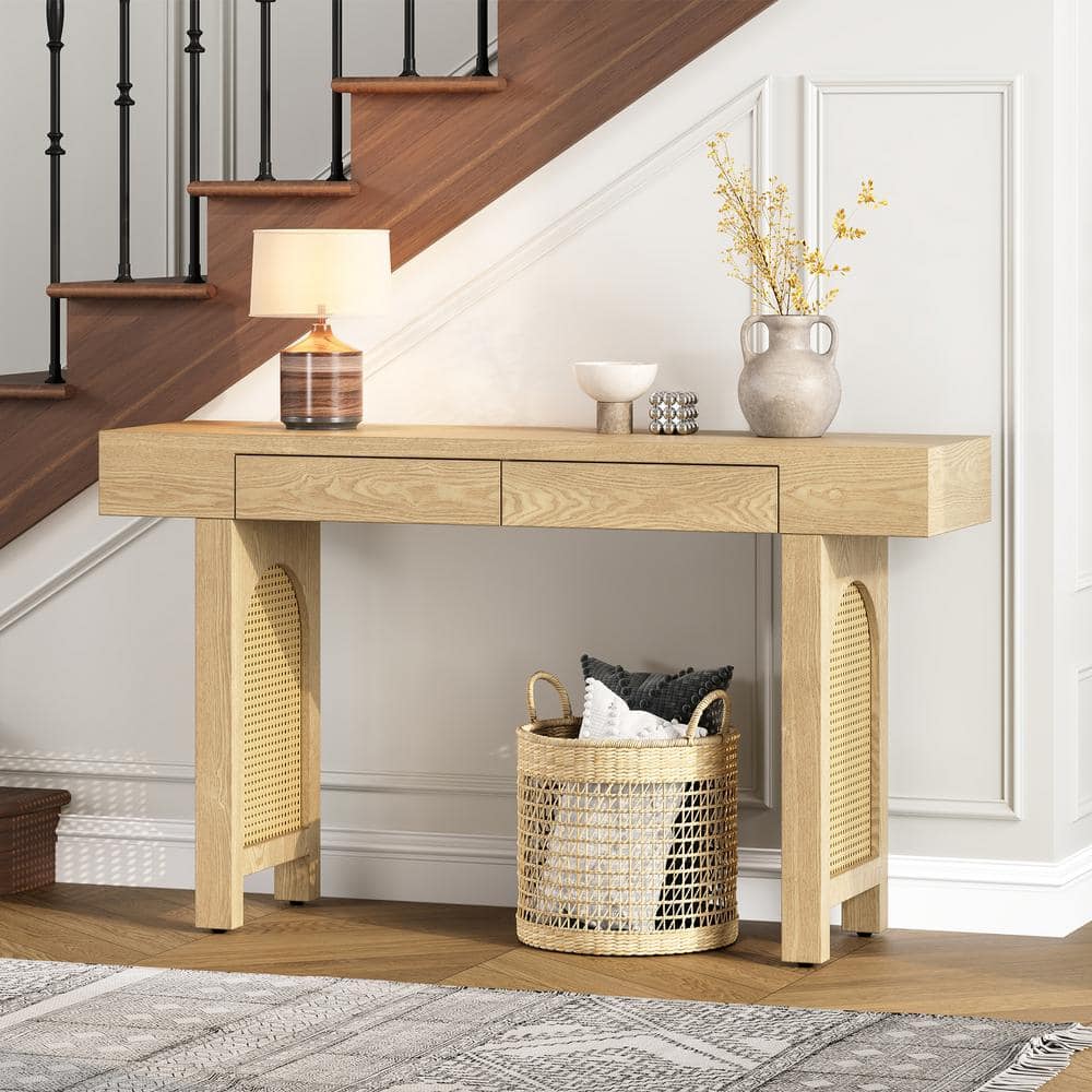 Harper & Bright Designs 51.9 in. Natural Rectangle Wood Console Table with Arched Rattan ...