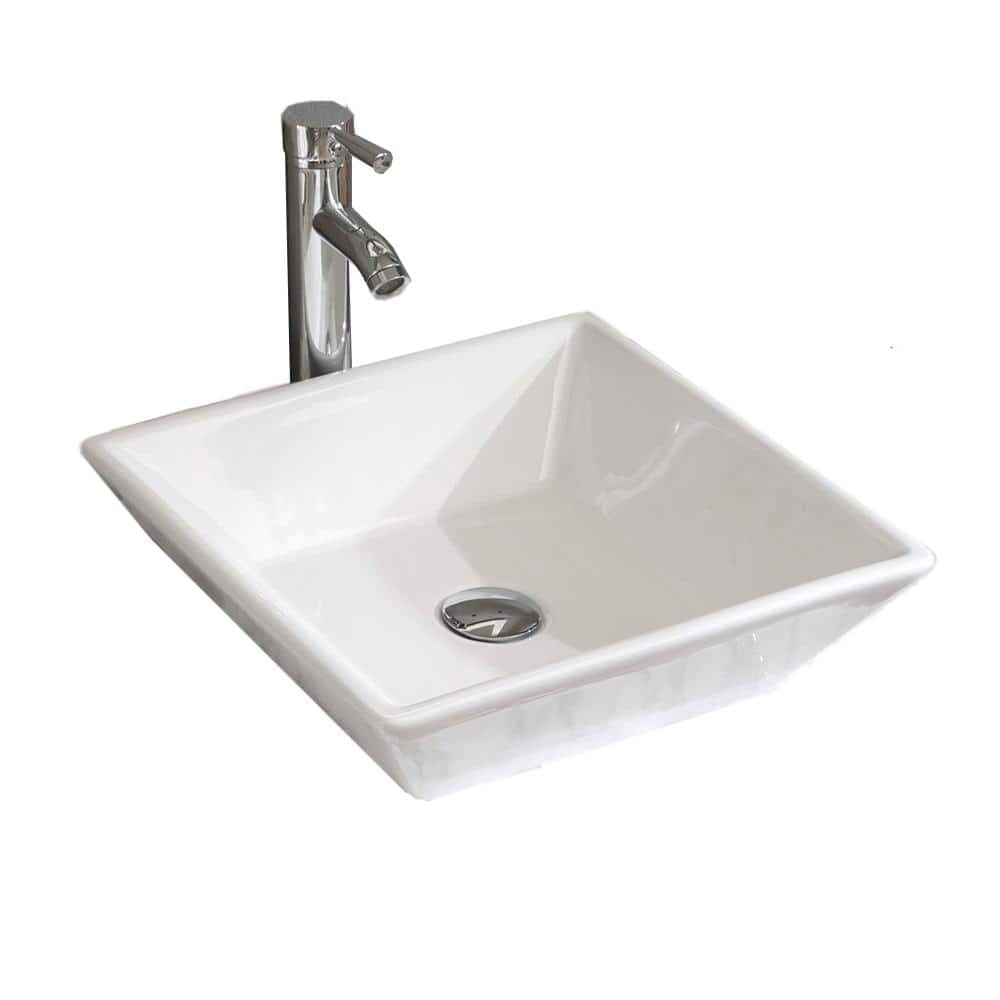 16.5 in. Vessel Square Bathroom Sink in White Ceramic with Faucet and ...