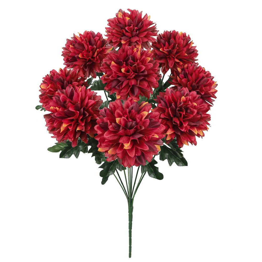 LIVING LUXURY 22 in. Red Burgundy Artificial Ball Mum Pom Pom Flower ...