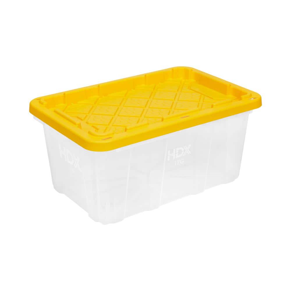HDX 17 Gal. Tough Storage Tote in Clear with Yellow Lid 999-17G-C-HDX ...