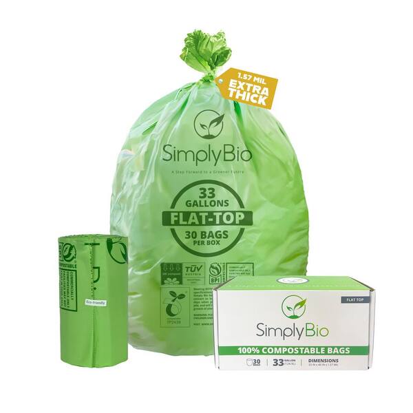 Simply Bio 33 Gal. Compostable Trash Bags, Flat Top Heavy-Duty 1.57 Mil ...