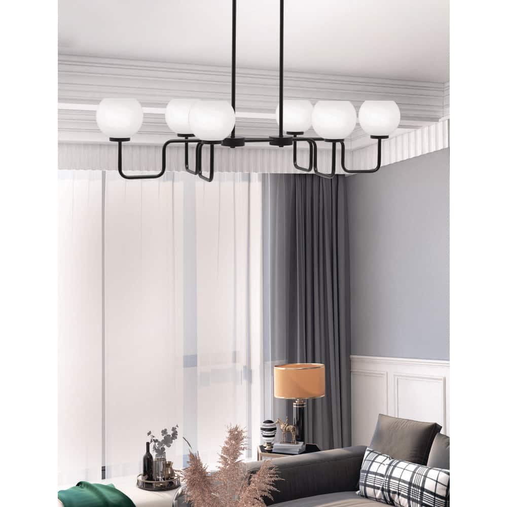 Elonia 6 Light Matte Black Linear Chandelier with 5.75 in. White Marble ...