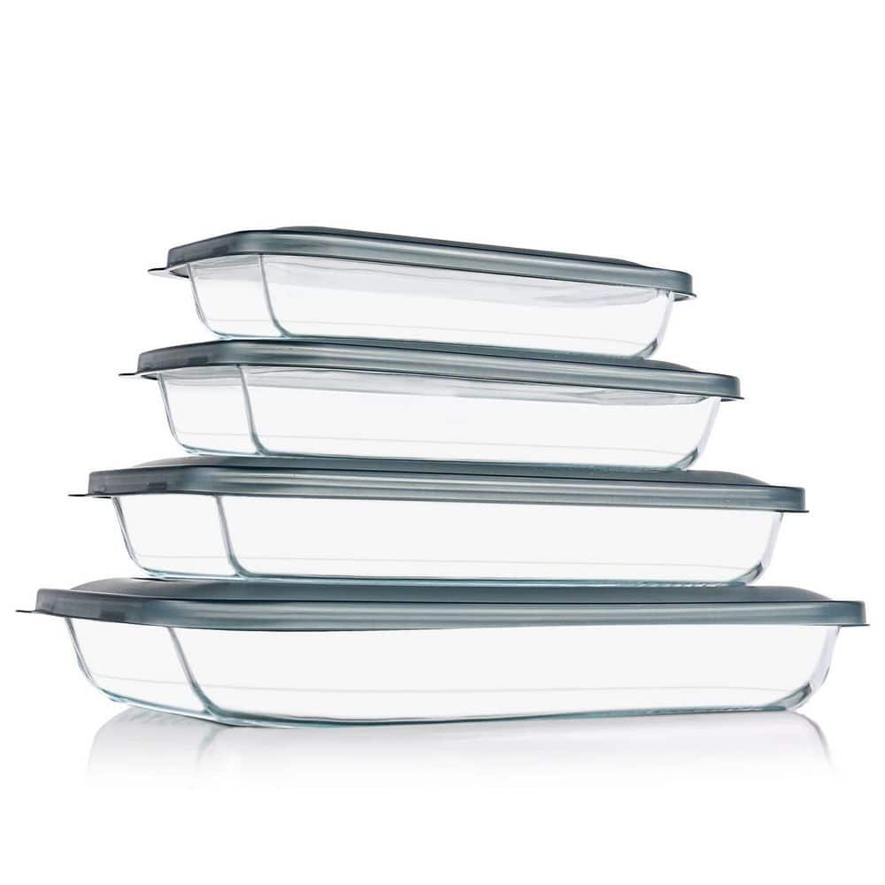 Wudkey 8-Piece Gray Rectangula Glass Bakeware Set with Lids Baking Pans ...