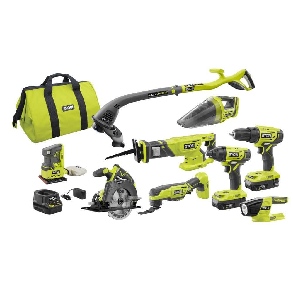RYOBI ONE+ 18V Lithium-Ion Cordless 9-Tool Combo Kit with (2) Batteries ...