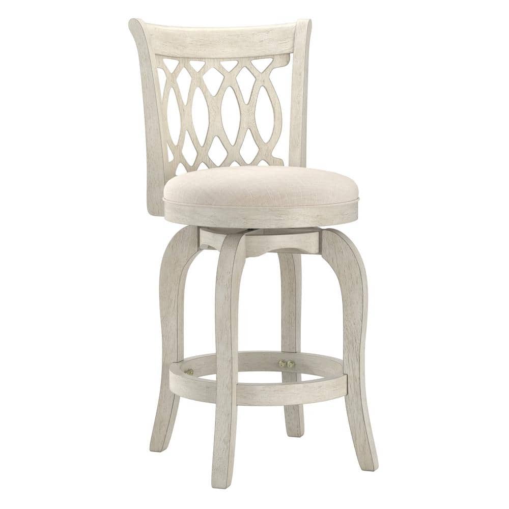 HomeSullivan 24.75 in. Antique White Finish Beige Linen Scroll Back ...