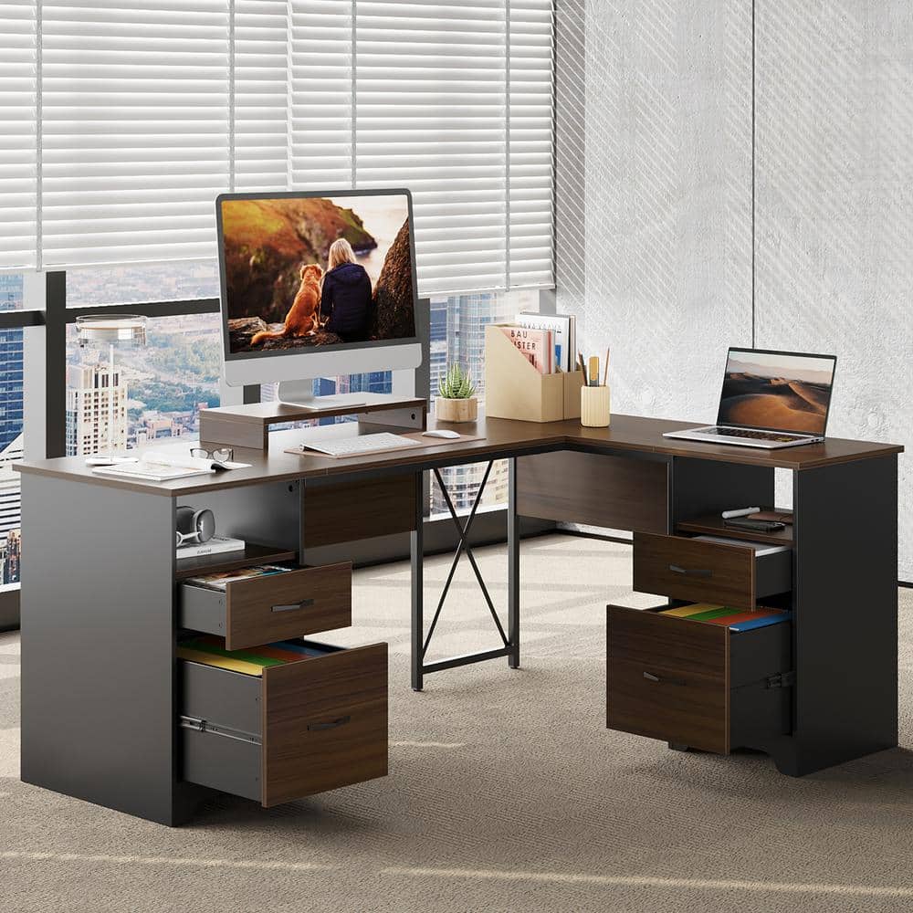 Bestier 63 in. Rectangular Cherry 4 Drawers L Shaped Computer Desk with 2 Open Storage and Monitor Stand H104715P CRY The Home Depot