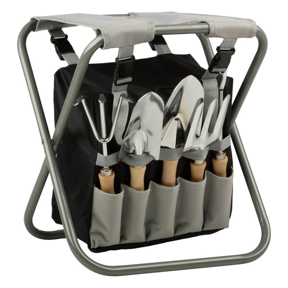 Pure Garden Gray Metal Garden Stool - Garden Tools Set - Folding Stool ...
