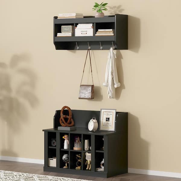 Shoe Storage Bench with Shelves and 4 Hooks Elegant Hall Tree with Wall Mounted Coat Rack Entryway Organizer Black