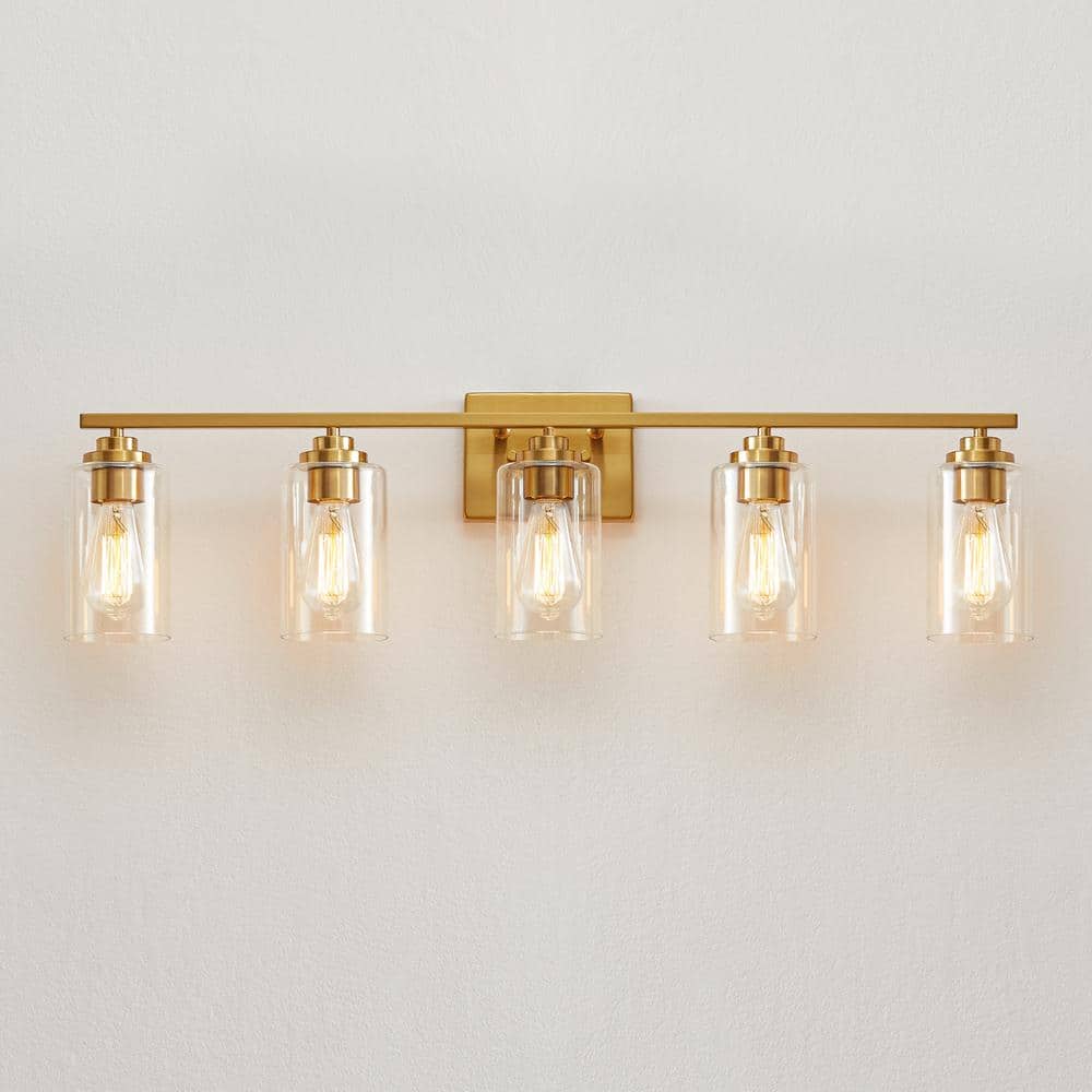 KAWOTI 35 in. 5-Antique Brass Vanity Light with Clear Glass Shade 21316 ...