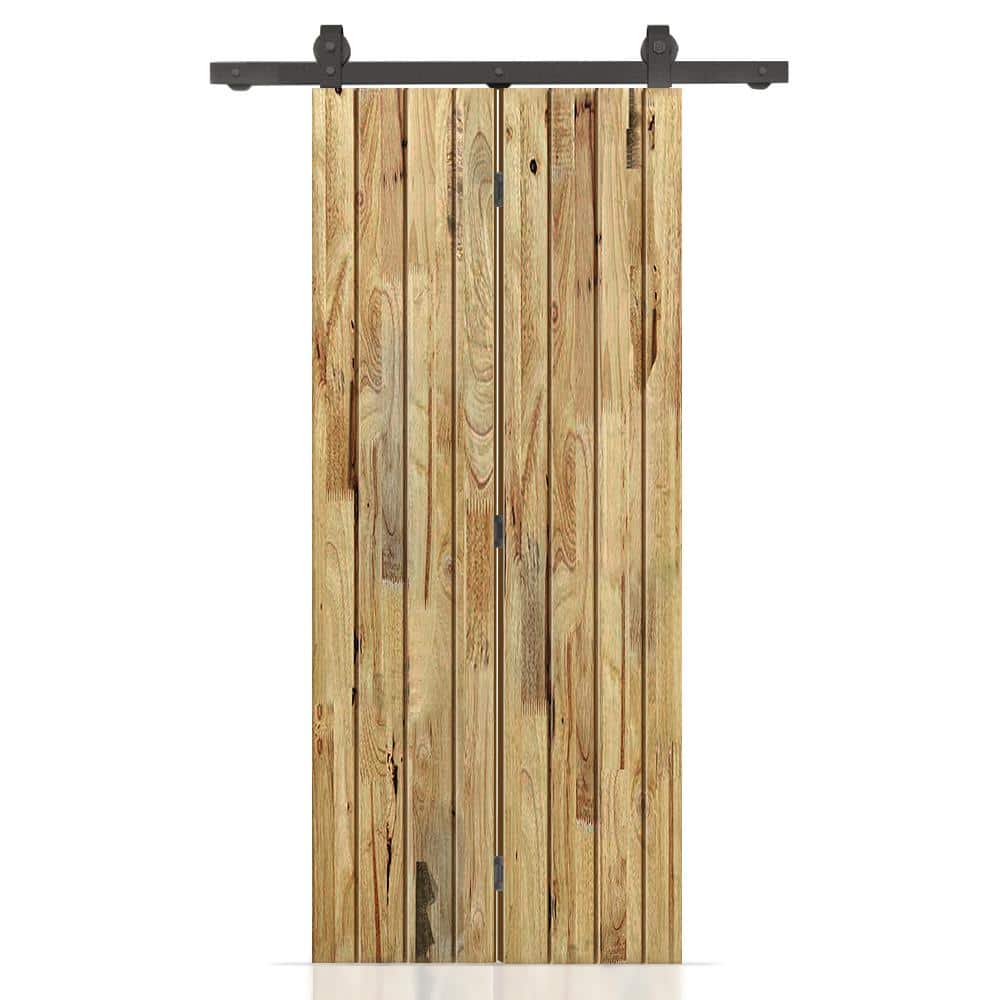 CALHOME 34 in. x 80 in. Hollow Core Weather Oak Stained Wood Pine Bi-Fold Door with Sliding ...