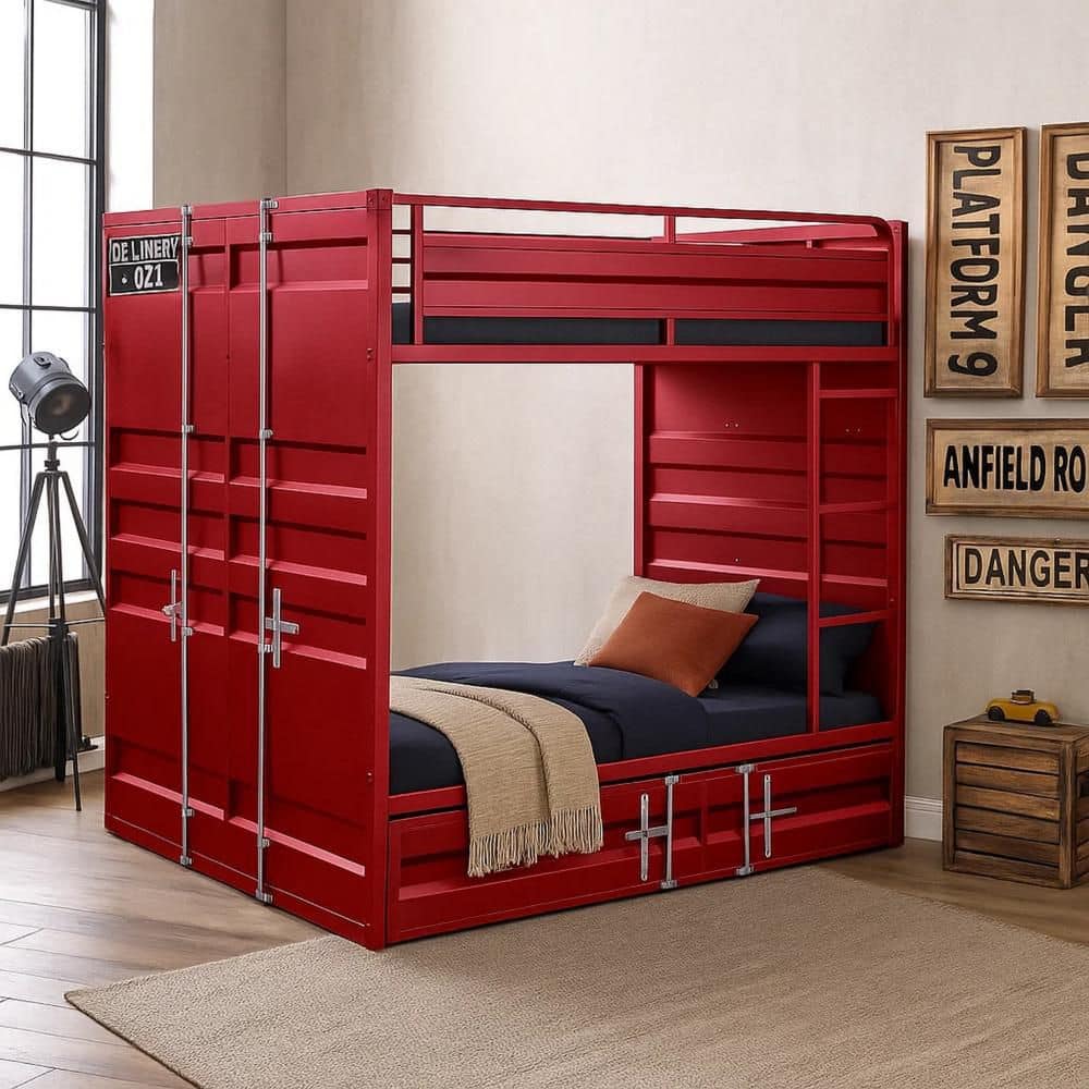 Benjara Modern Red Full Bunk Bed with Recessed Panel Design BM214909 ...
