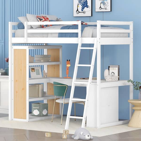 Polibi White Twin Size Wood Loft Bed with Ladder, Shelves, and Desk RD14-19316AAK - The Home Depot