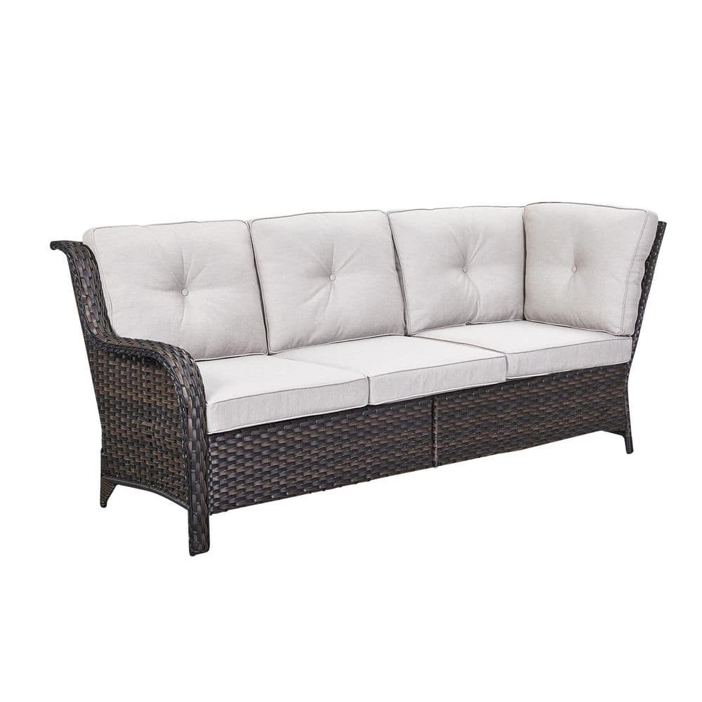 Opohoro ArcoBay Brown Wicker Right Arm 3-Seat Outdoor Sectional Sofa Patio Sofa with Beige ...