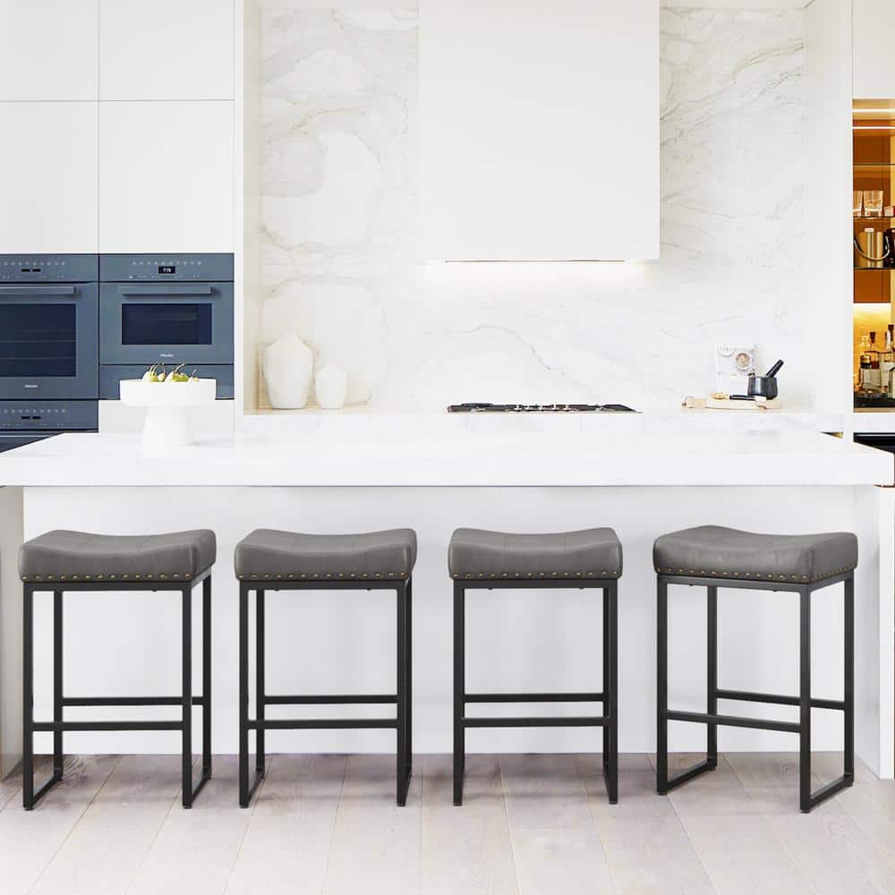 LUE BONA Modern 24 in. Metal Frame Gray Counter Stools Backless Faux ...
