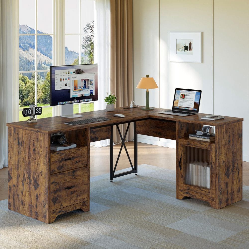 Bestier 63" L Shaped Rustic Brown Corner Desk with Sunlight Door and ...
