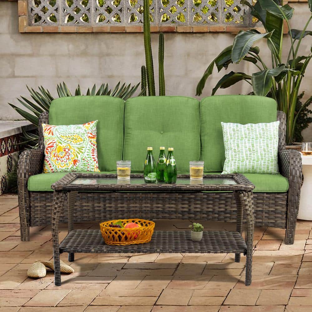 Joyside Wicker Outdoor Patio 3 Seat Sofa Couch With Green Cushion M16