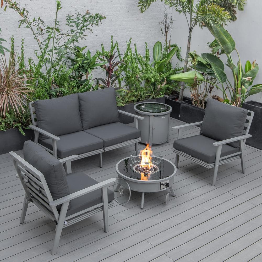 Leisuremod Walbrooke Grey 5-Piece Aluminum Round Patio Fire Pit Set ...