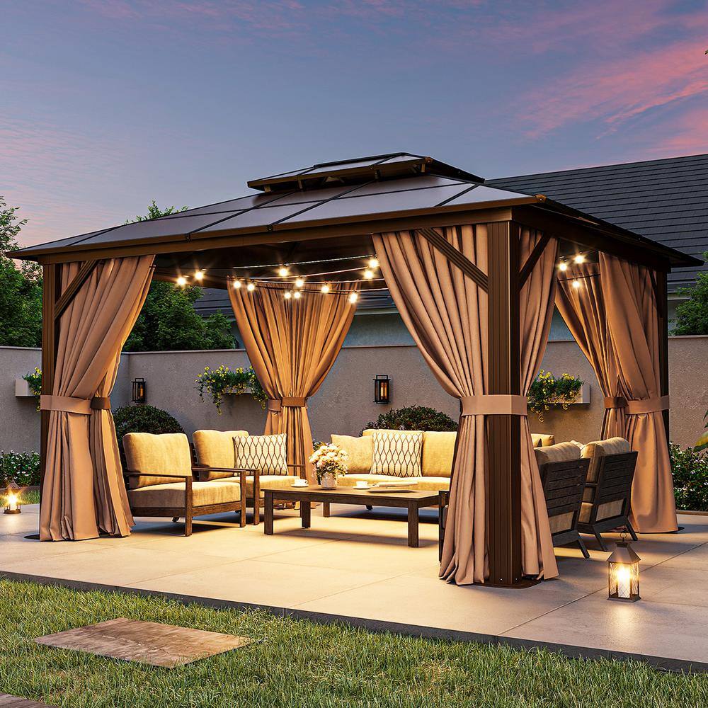 Sizzim 12 ft. x 10 ft. Hardtop Outdoor Double Roof Gazebo with Netting ...