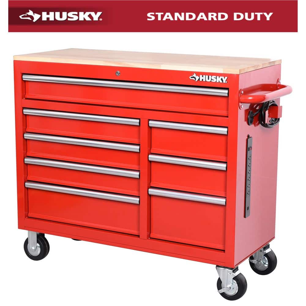 Husky 42 in. W x 18.1 in. D 8-Drawer Red Mobile Workbench Cabinet with ...