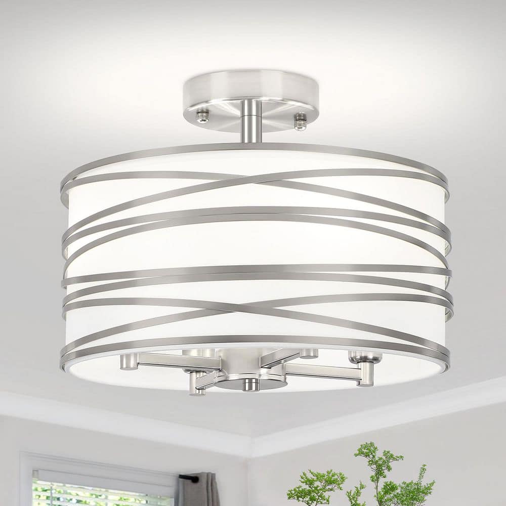 ZSMIHDOH 12.99 in. 4-Light Modern Silver Metal and Fabric Drum Semi ...