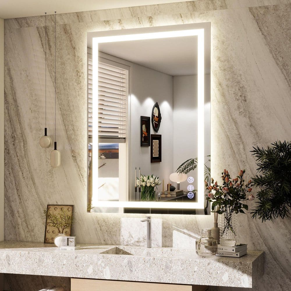 XRAMFY White 30 in. W x 40 in. H LED Lighted Rectangle Bathroom Vanity Wall Mirror Metal Framed ...
