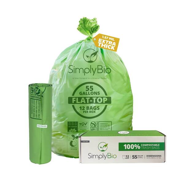 Simply Bio 55 Gal. Compostable Trash Bags, Flat Top Heavy-Duty 1.57 MIL ...
