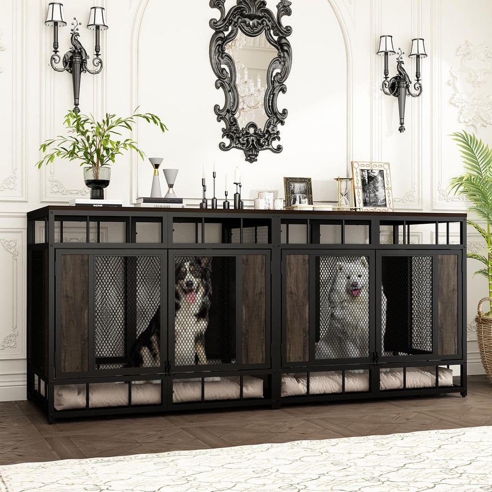 FUFU&GAGA Modern Large Double Dog Crate Furniture, Mesh and Wooden Dog Kennel for 2 Medium or ...