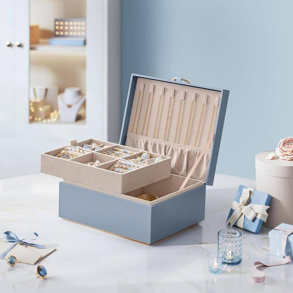 Misty Blue 9.5 in. x 4.3 in. Wood Modern Jewelry Box with Removable ...