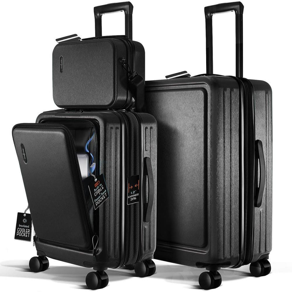TRAVELARIM 3-Piece Black Hard Carry-On Weekender Luggage Set Expandable ...