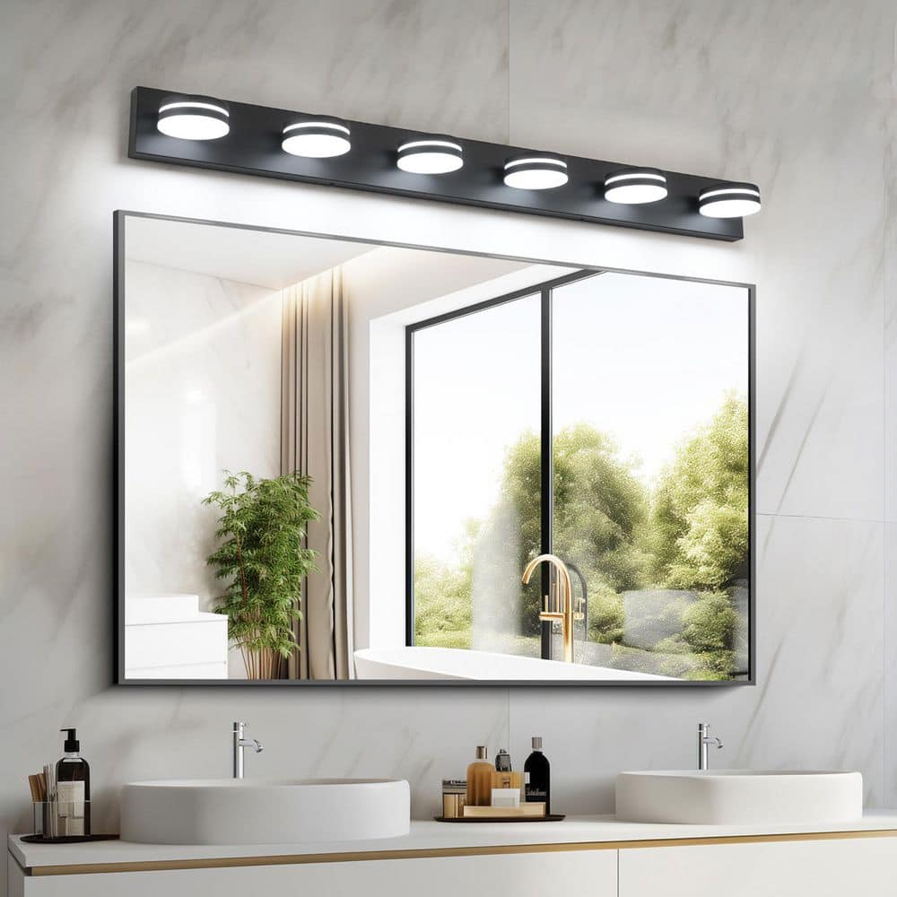 JUSHENG 47 in. 6 Light Black LED Bathroom Vanity Light with Dimmable ...