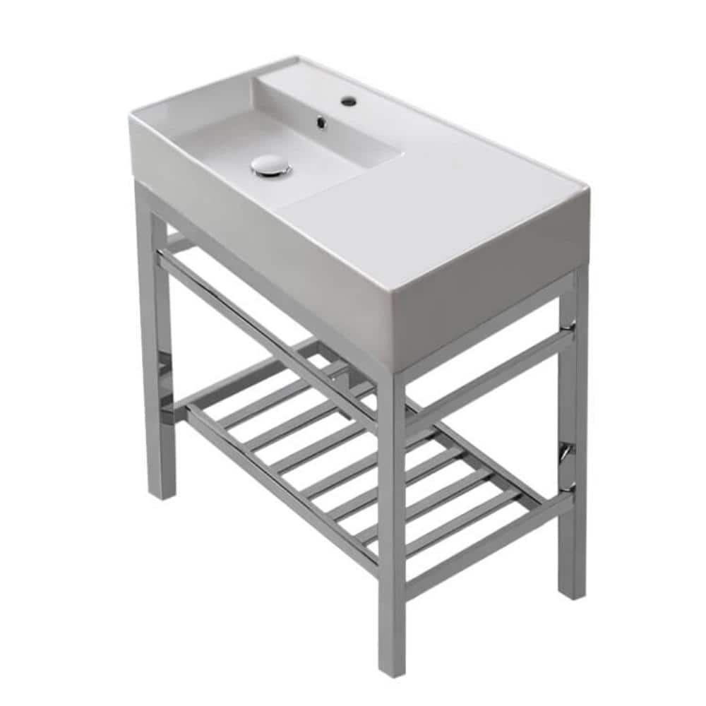 Nameeks Teorema 2 Ceramic Console Sink Basin in White with Chrome Legs ...
