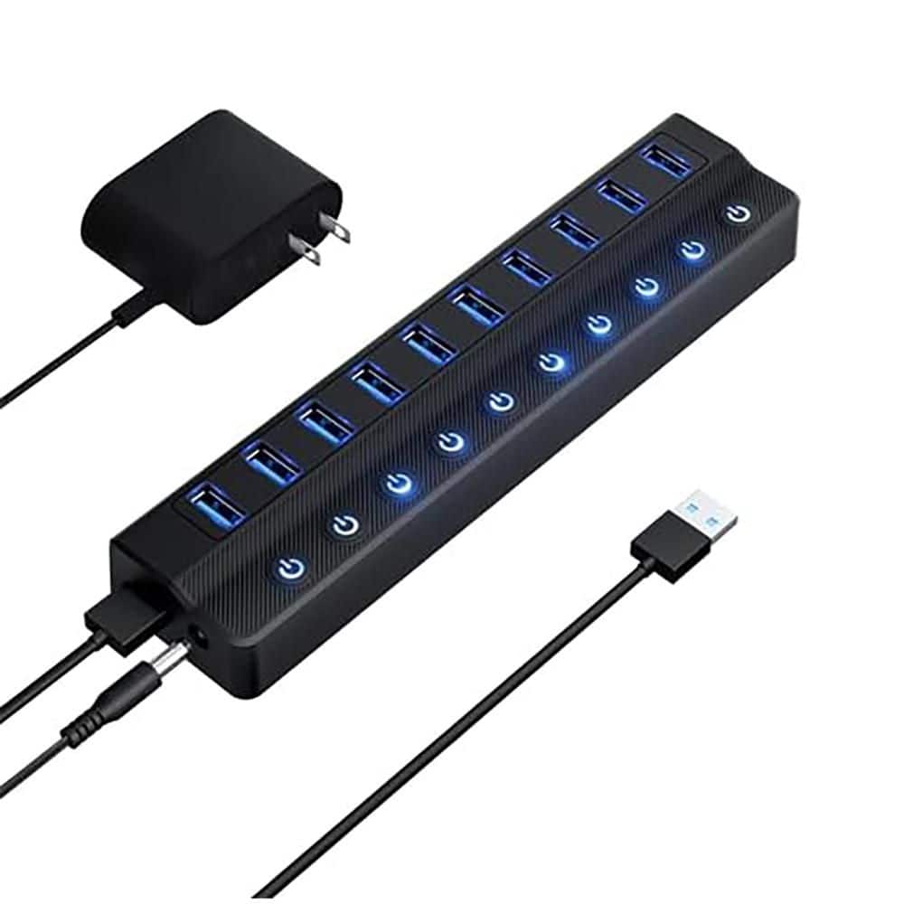 Lukyamzn 10-Port Powered USB Hub with Individual LED On/Off Switches ...