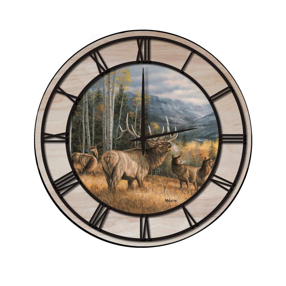 "Meadow Music Elk" Woodgrain Accent and Black Numbers Imaged Wall Clock ...