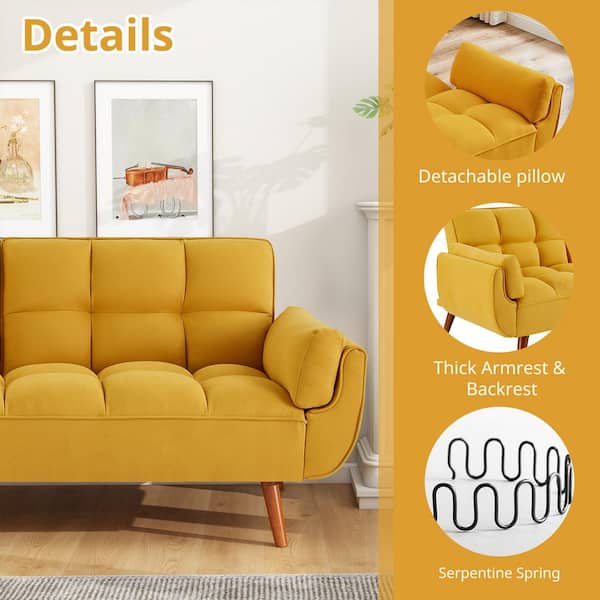 WONDER COMFORT 33 in. Yellow Linen Twin Size Futon Sofa Bed Convertible Couch Sleeper with Reclining Split Tufted Back TN 2064YL