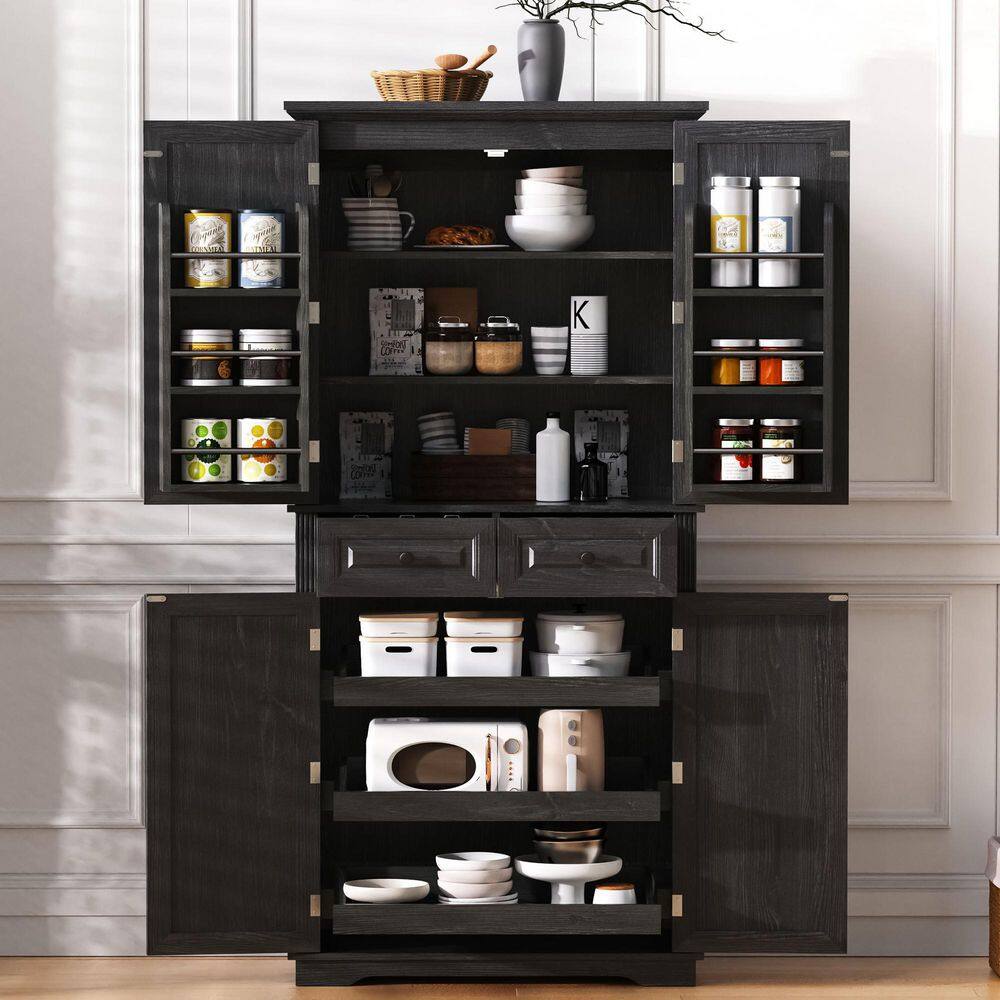 71 in. H 6-Shelf Black Wood Freestanding Pantry Organizer Cabinet with ...