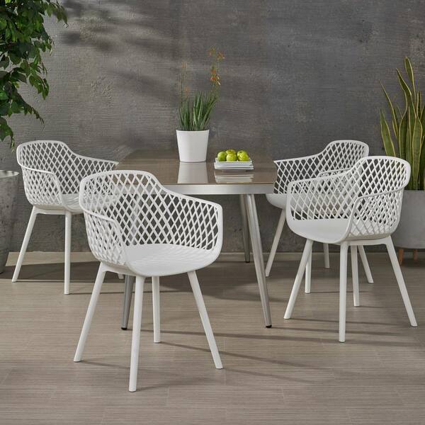 Noble House Poppy Plastic Patio Dining Arm Chair in White Set of 4