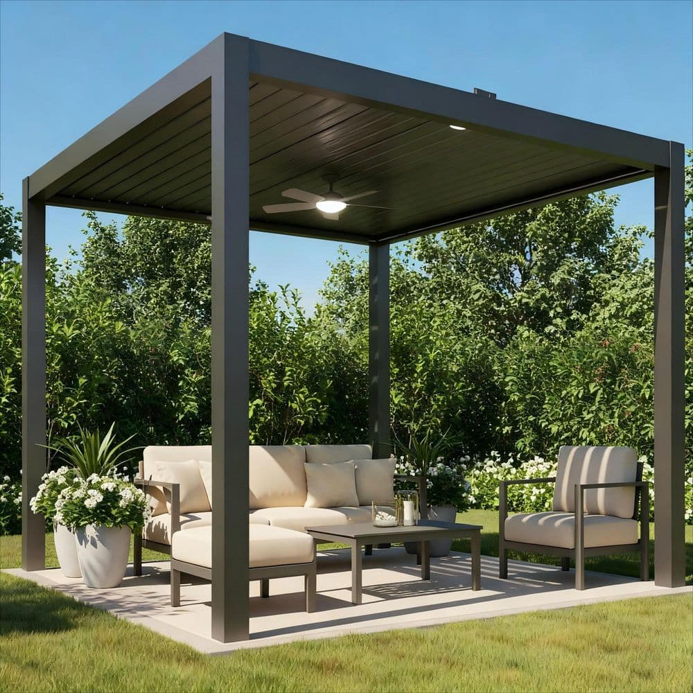 Mondawe 10 ft. x 12 ft. Dark Gray Aluminum Outdoor Solar-Powered ...